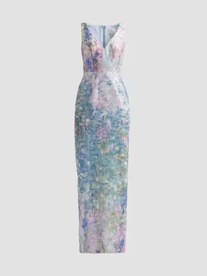Pamella Roland Abstract Embellished Tulle V-neck Gown
