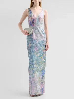 Pamella Roland Abstract Embellished Tulle V-neck Gown