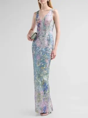 Pamella Roland Abstract Embellished Tulle V-neck Gown