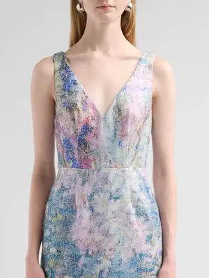 Pamella Roland Abstract Embellished Tulle V-neck Gown