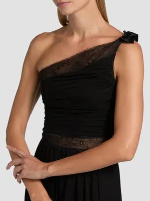 Giambattista Valli One-shoulder Lace-trim Ruched Jersey Gown