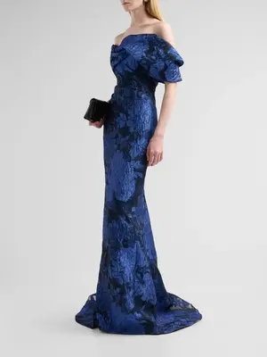 Pamella Roland Floral Fil Coupé Off-shoulder Gown
