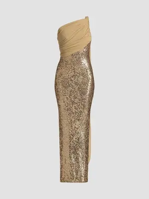 Pamella Roland Sequined Chiffon One-shoulder Gown - Gold