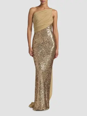 Pamella Roland Sequined Chiffon One-shoulder Gown