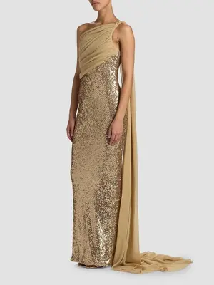 Pamella Roland Sequined Chiffon One-shoulder Gown
