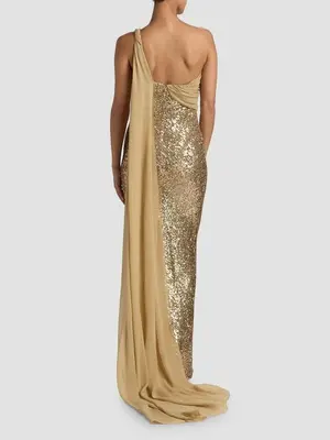 Pamella Roland Sequined Chiffon One-shoulder Gown