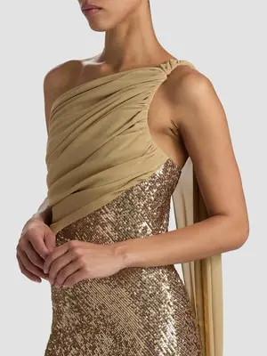 Pamella Roland Sequined Chiffon One-shoulder Gown