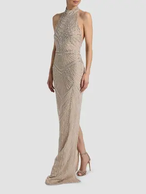Pamella Roland Embellished Tulle Halter Column Gown