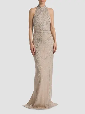 Pamella Roland Embellished Tulle Halter Column Gown