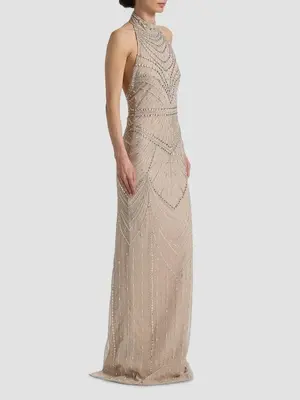 Pamella Roland Embellished Tulle Halter Column Gown