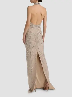 Pamella Roland Embellished Tulle Halter Column Gown