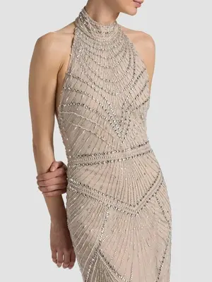Pamella Roland Embellished Tulle Halter Column Gown