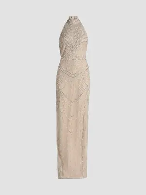 Pamella Roland Embellished Tulle Halter Column Gown - Silver