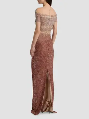 Pamella Roland Ombré Sequined Tulle Column Gown