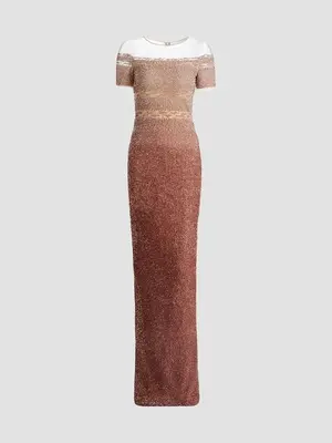 Pamella Roland Ombré Sequined Tulle Column Gown - Copper Multi