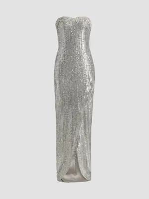 Pamella Roland Embellished Strapless Column Gown - Silver