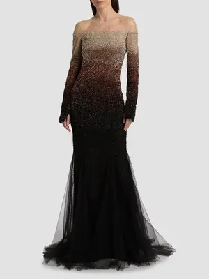 Pamella Roland Ombré Sequined Tulle Mermaid Gown