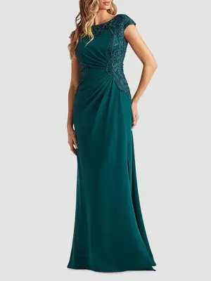 Tadashi Shoji Lace-trim Ruched Gown
