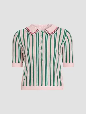 Thom Browne Crochet Variegated Striped Cotton Polo Top - Lightpink