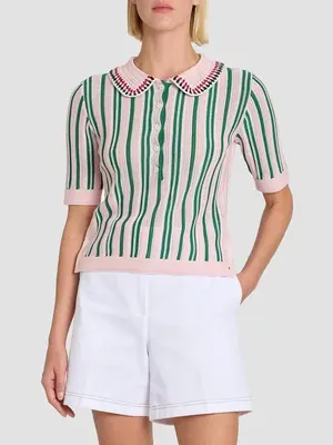 Thom Browne Crochet Variegated Striped Cotton Polo Top