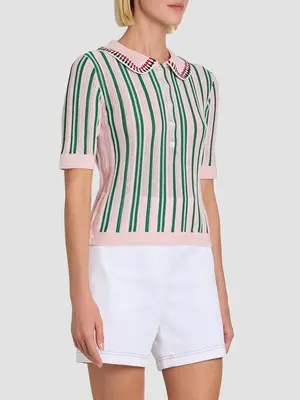 Thom Browne Crochet Variegated Striped Cotton Polo Top