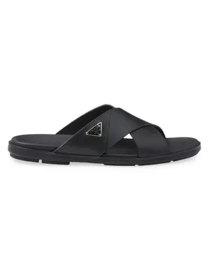 Prada Leather Crisscross Slides - Black