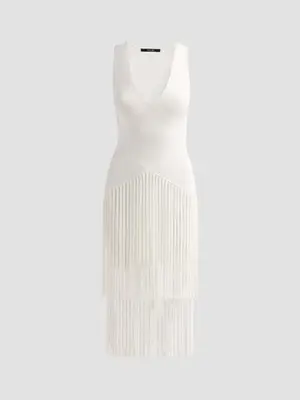 TOCCIN Patricia Fringed V-neck Midi Dress - Optic