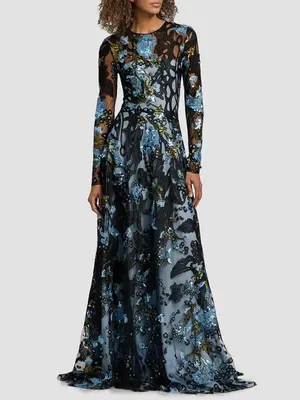 Naeem Khan Sequined Floral Lace Long-sleeve Gown