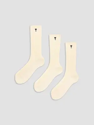 AMI Paris Rib-knit Cotton-blend Socks 3-pack - Ecru