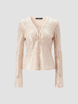 TOCCIN Zuri Sequin Flare Sleeve Top - Sand Dune