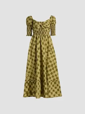 ELISAMAMA Siju Printed Midi-dress - Olive Checkers