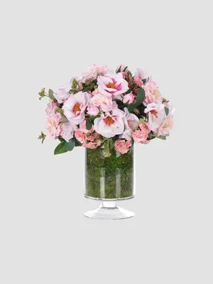 NDI Faux Rose Arranget With Moss In Glass Footed Vase - Pink