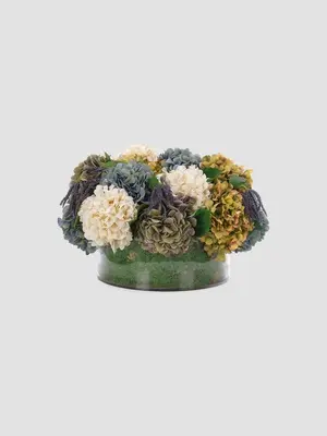 NDI Hydrangeas Faux-floral Arranget In Moss Glass Vase - Blue