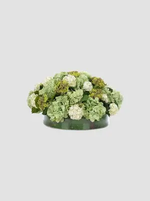NDI Snowball Hydrangeas Faux Floral Arranget In Moss Glass Vase - Green