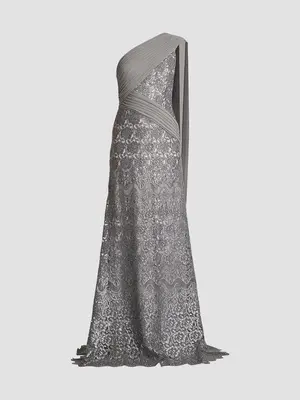 Tadashi Shoji Sequined Lace One-shoulder Gown