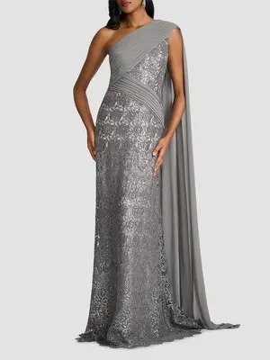Tadashi Shoji Sequined Lace One-shoulder Gown