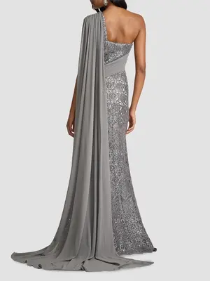 Tadashi Shoji Sequined Lace One-shoulder Gown