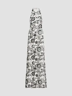 Ramy Brook Candice Sequined Floral Halter Gown - Black Sequin Combo
