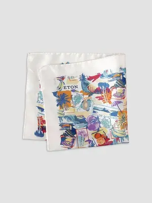 Eton Postcard Print Silk Twill Pocket Square - White