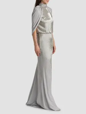 Oscar De La Renta Bugle-beaded Ombré Silk Georgette Open Back Gown