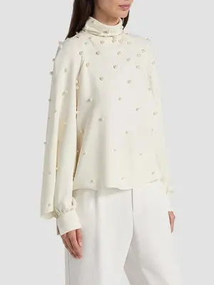 Oscar De La Renta Imitation Pearl-embellished Silk-blend Georgette Blouse