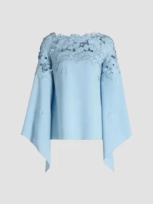 Oscar De La Renta Floral-embroidered Stretch-silk Cape-sleeve Blouse - Sky