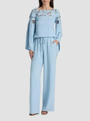 Oscar De La Renta Floral-embroidered Stretch-silk Cape-sleeve Blouse