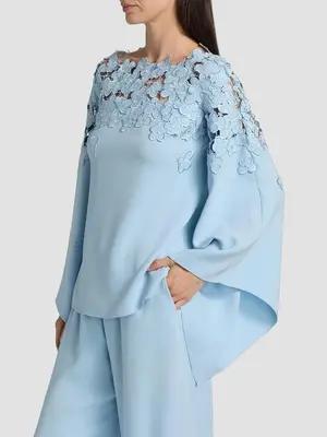 Oscar De La Renta Floral-embroidered Stretch-silk Cape-sleeve Blouse