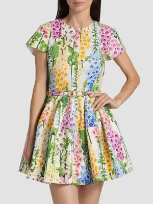 Oscar De La Renta Foxgloves-print Stretch-cotton Poplin Minidress