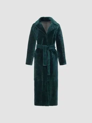 Gorski Reversible Textured Shearling Lamb Coat With Side Slits Belt - Emerald