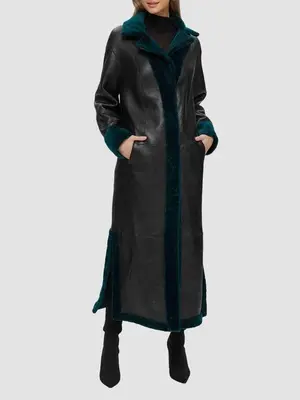 Gorski Reversible Textured Shearling Lamb Coat With Side Slits Belt - Emerald