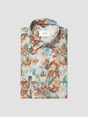 Eton Floral Linen Print Shirt - Orange