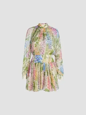 Oscar De La Renta Sheer Foxgloves Silk Chiffon Long-sleeve Minidress