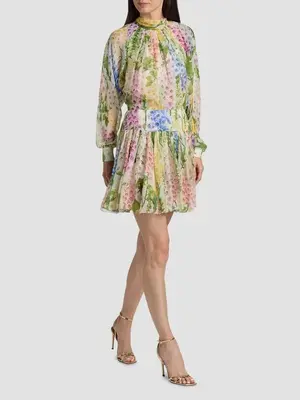 Oscar De La Renta Sheer Foxgloves Silk Chiffon Long-sleeve Minidress